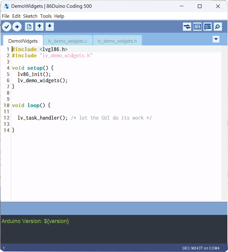 QEC-M-043T + 86Duino’s LVGL example: DemoWidgets - QEC