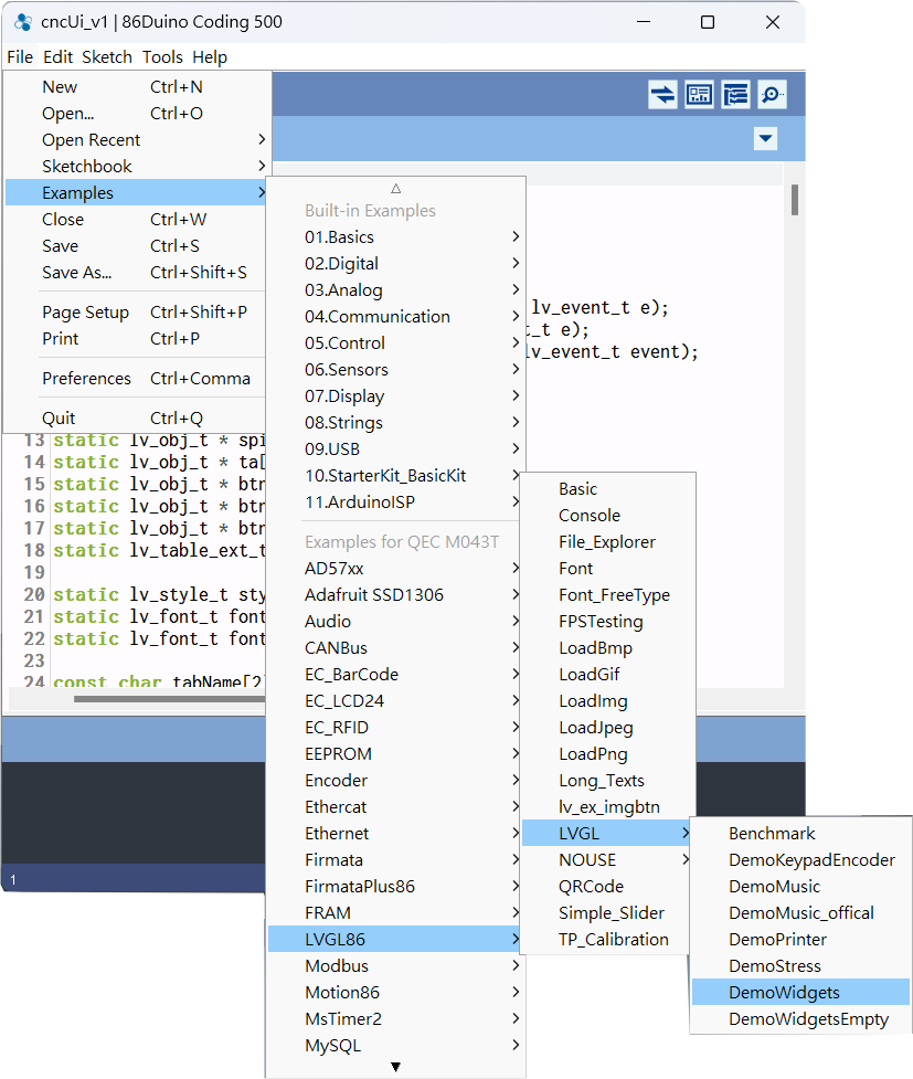 QEC-M-043T + 86Duino’s LVGL example: DemoWidgets - QEC